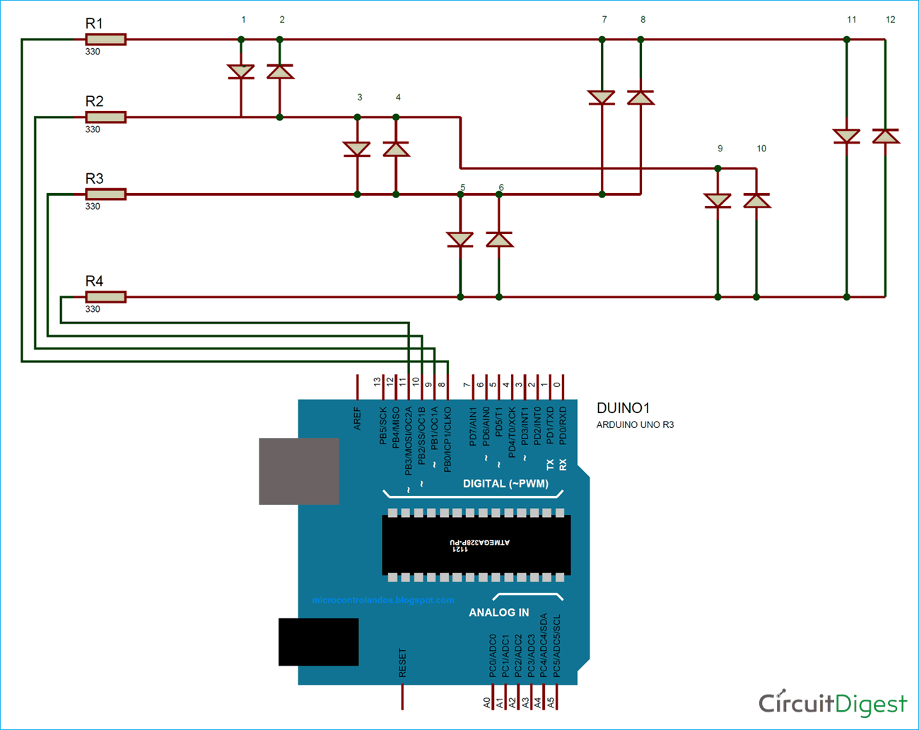 Charlieplexing Arduino Control De 12 LED Con 4 Pines GPIO EcuaRobot